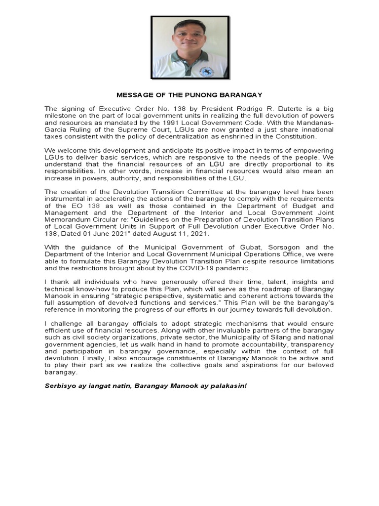 Message of The Punong Barangay: Serbisyo Ay Iangat Natin, Barangay ...