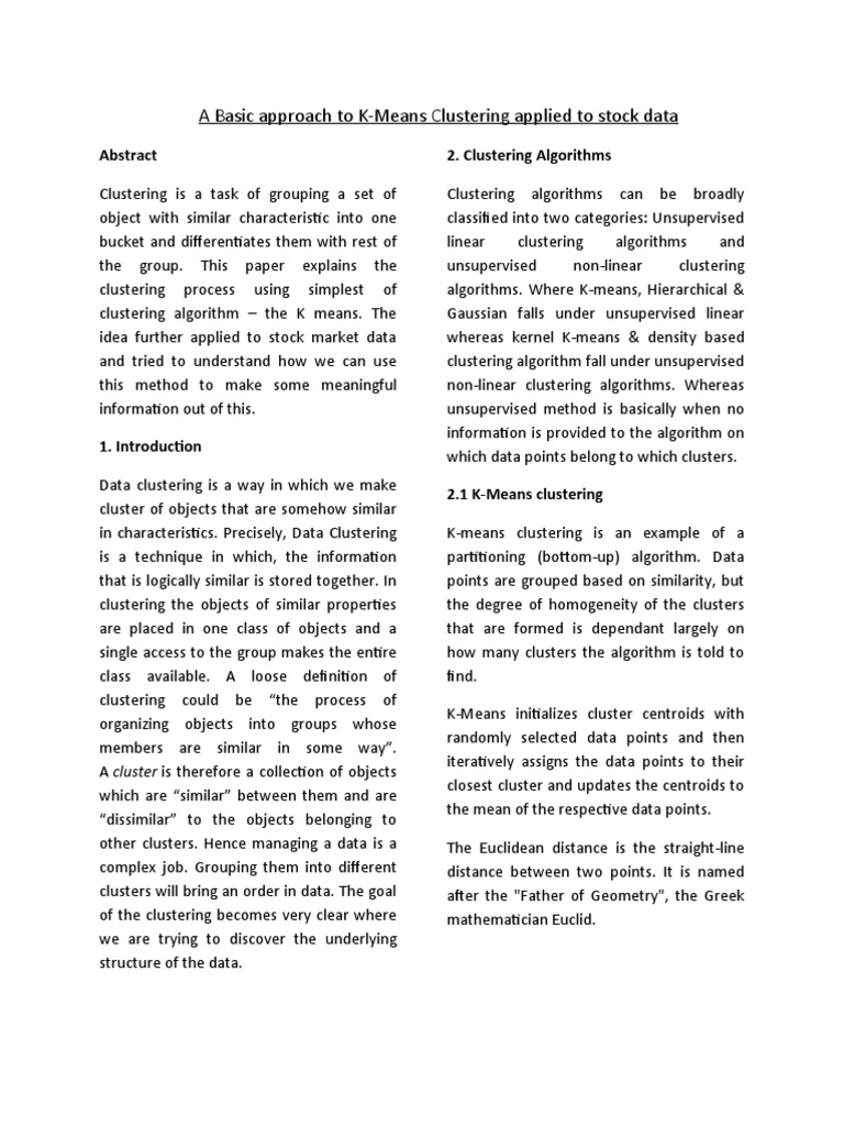 A Basic Approach To K-Means Clustering Applied To Stock Data | PDF | Cluster Analysis | Data Mining