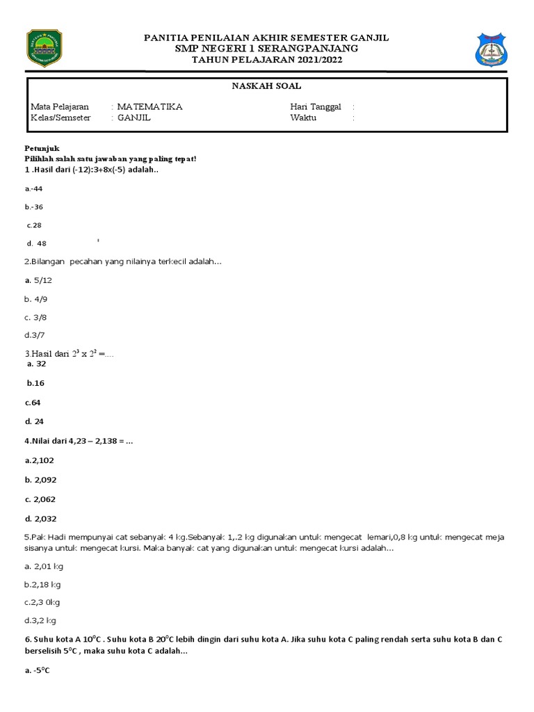 Soal Pas Matematika Kelas 7 Semster 1 | PDF