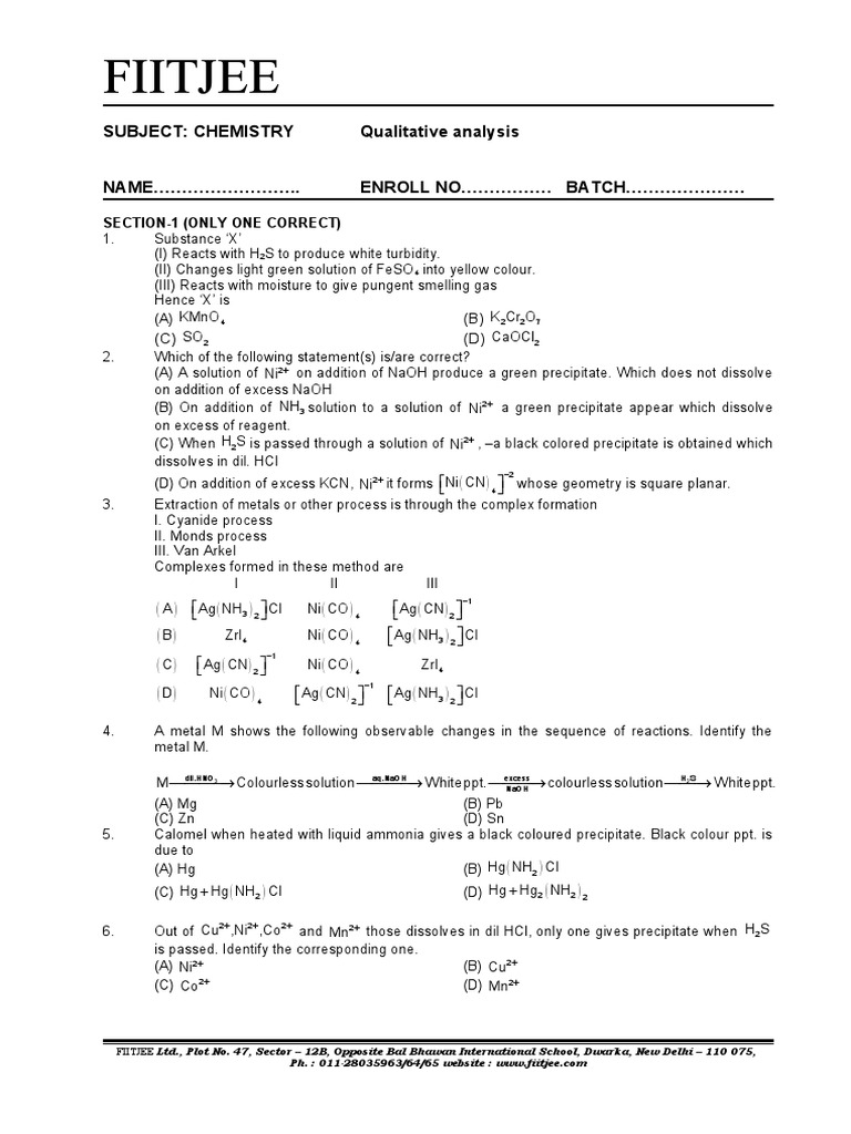 Fiitjee: Subject: Chemistry Qualitative Analysis | PDF | Salt (Chemistry) | Hydroxide