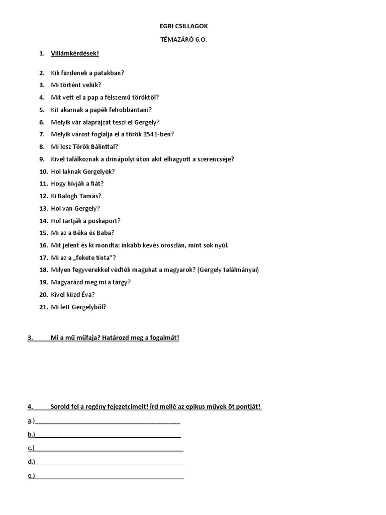 Egri Csillagok Témazáró Dolgozat | PDF