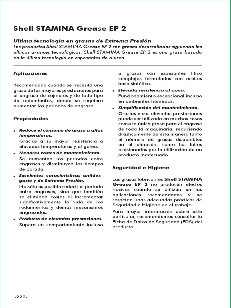 Grasa Shell STAMINA: Máximo Rendimiento | PDF | gordo | Rodamiento ...