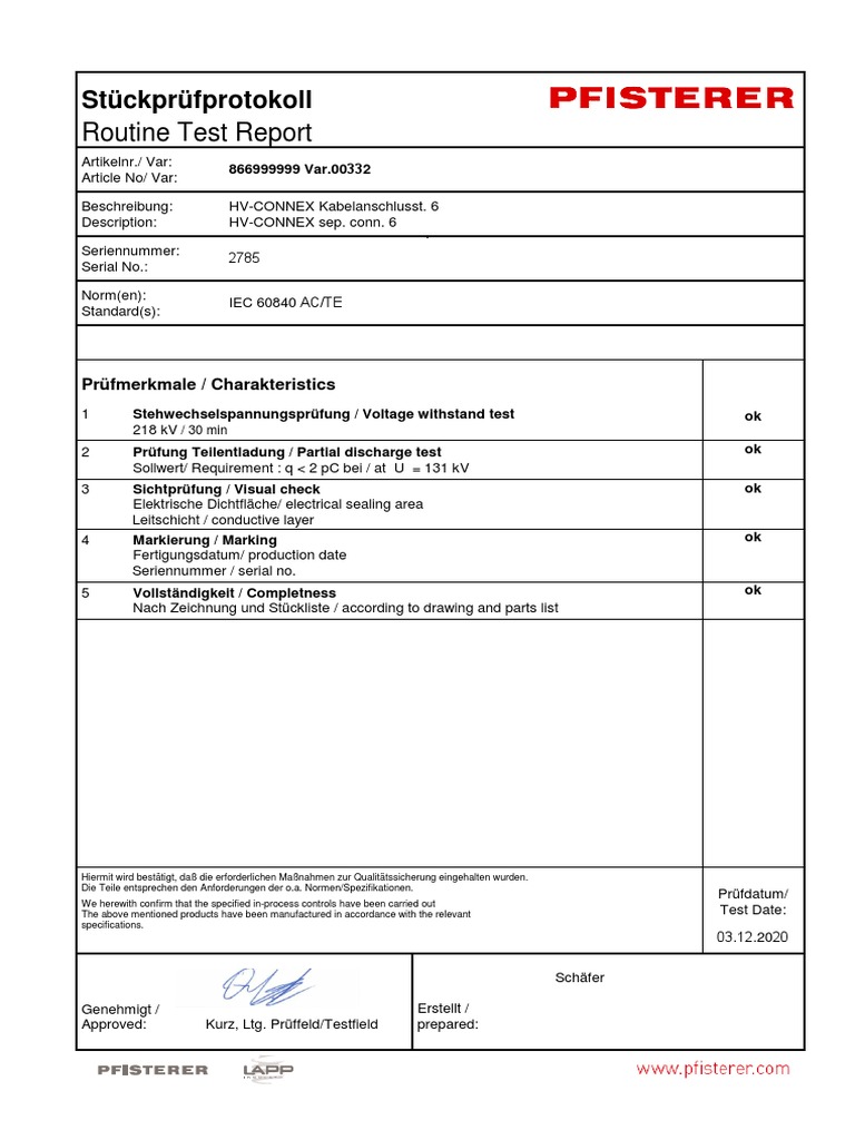 Routine Test Report HV Connex-Male-Halim (3 PCS) | PDF