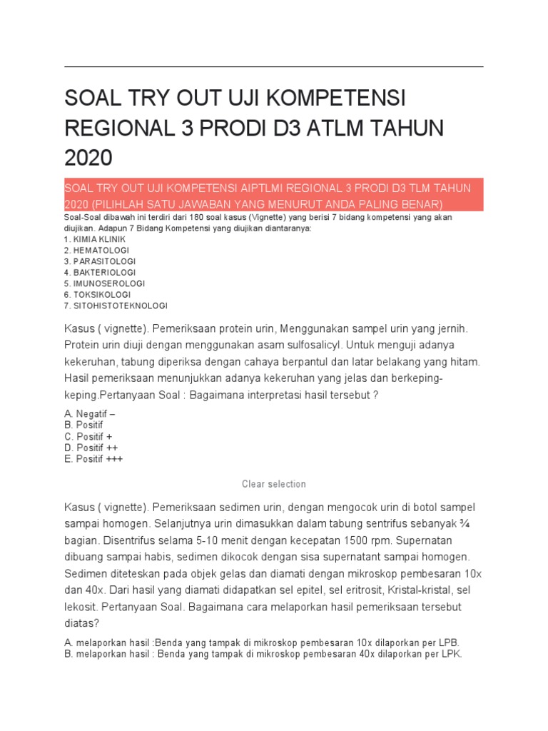 Soal Try Out Uji Kompetensi Regional 3 Prodi D3 Atlm Tahun 2020 | PDF
