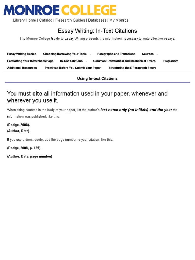 In-Text Citations - Essay Writing - Monroe College LibGuides at Monroe ...