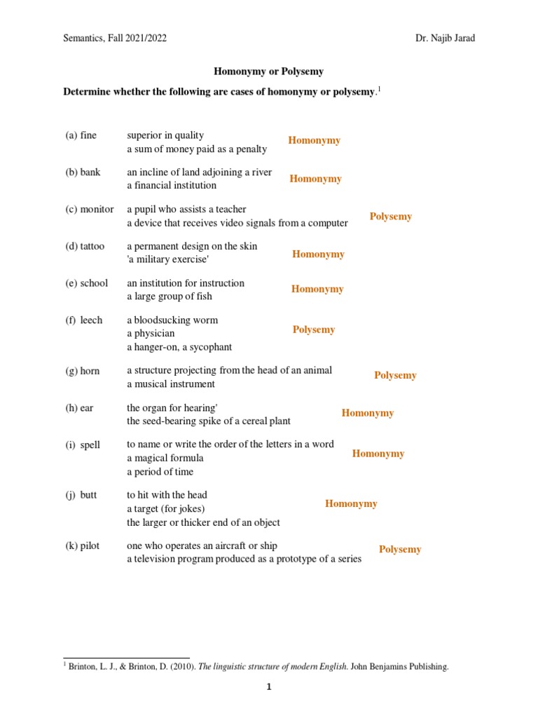 Homonyms vs Polysemes: Analyzing Multiple Meanings in Words | PDF