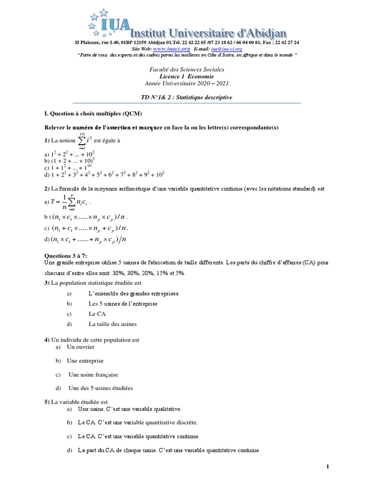 TD - Stat 1-A | PDF | Moyenne | Médiane (statistiques)