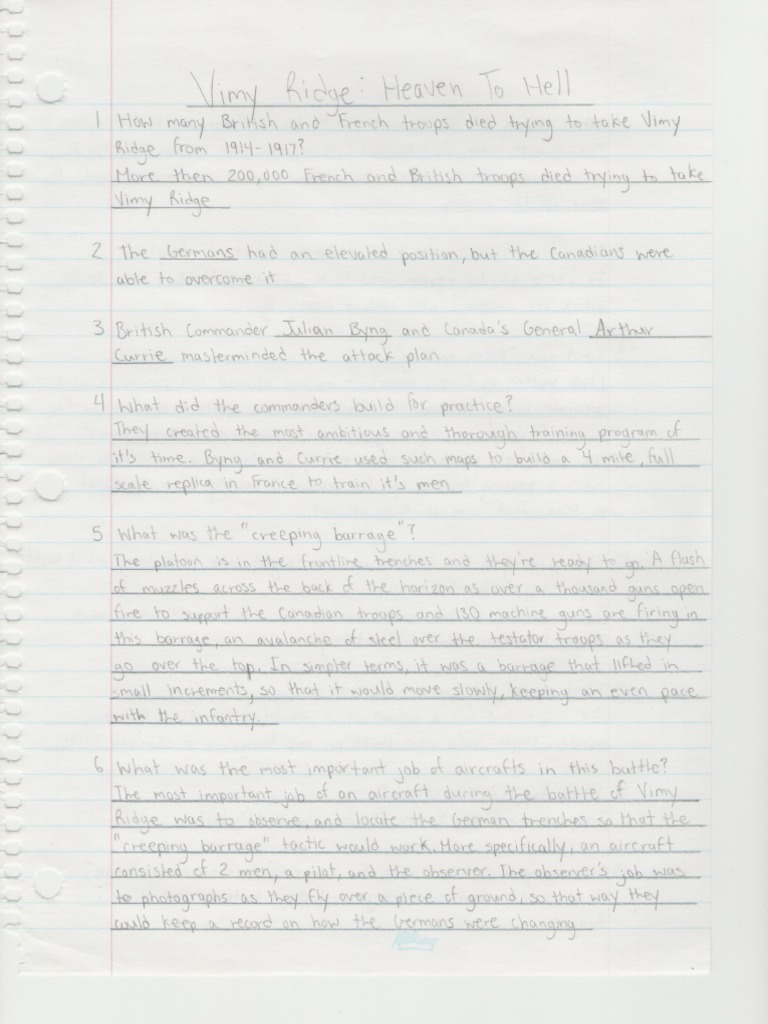 Vimy Ridge Heaven To Hell Video Worksheet | PDF