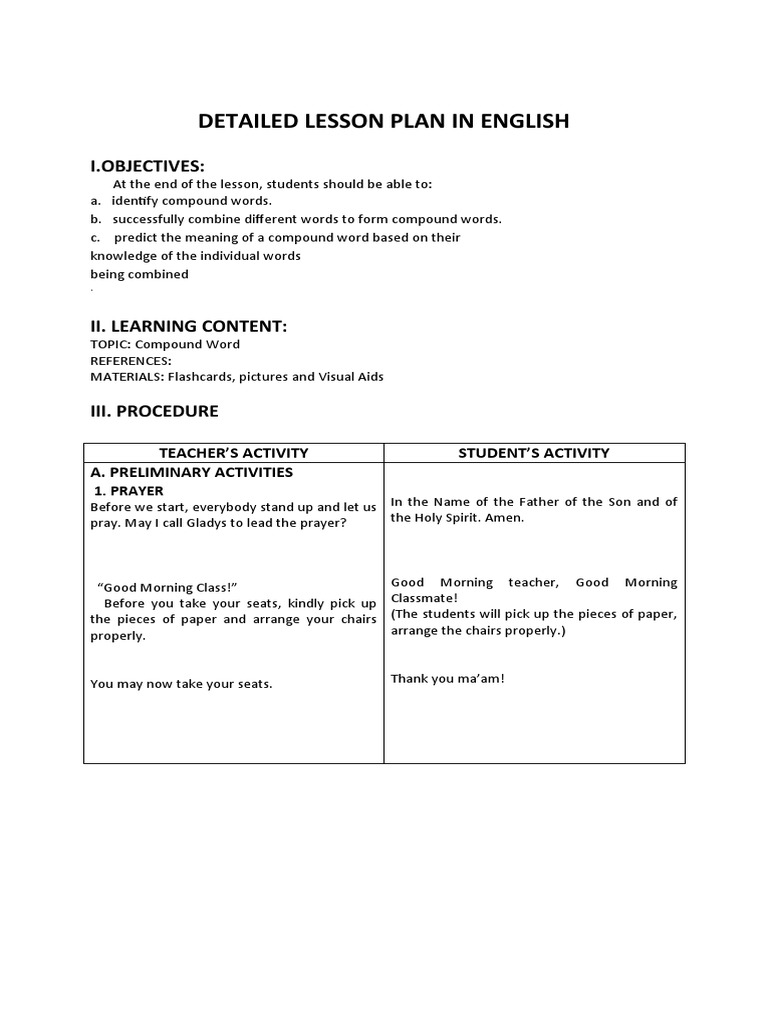 EL108 Detailed Lesson Plan | PDF | Lesson Plan | Prayer
