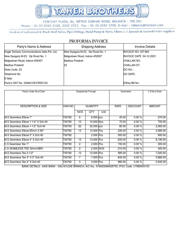 Proforma Invoice: Party's Name & Address Shipping Address Invoice ...