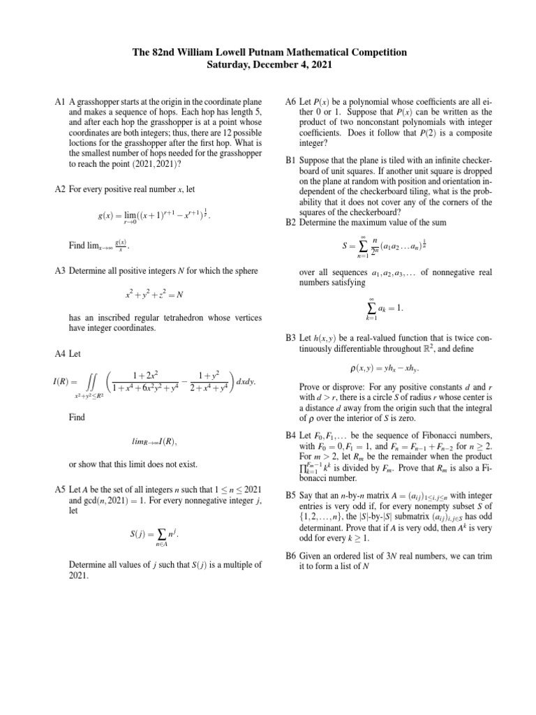 The 82nd William Lowell Putnam Mathematical Competition Saturday ...