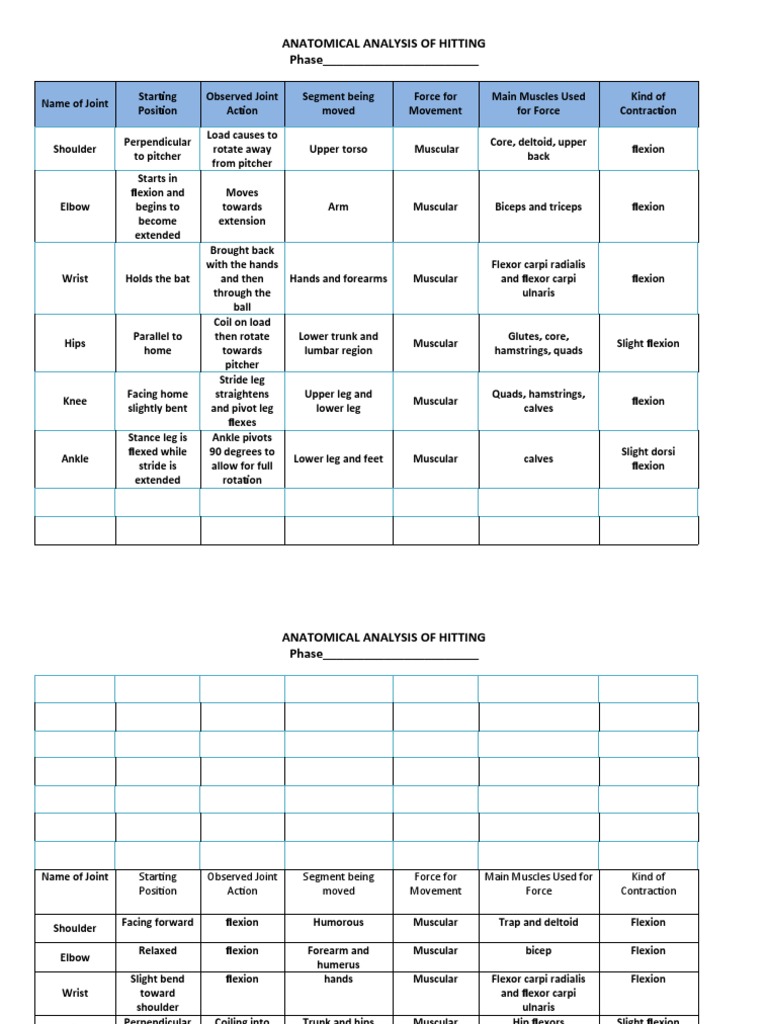 Anatomical Anaylsis Tables For Hitting | PDF | Anatomical Terms Of ...