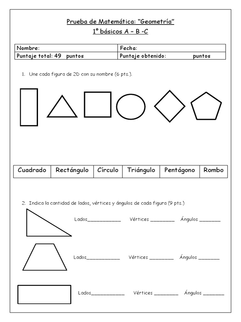 Prueba de Geometría 2D y 3D 1° Básico | PDF | Ciencia y matemáticas ...