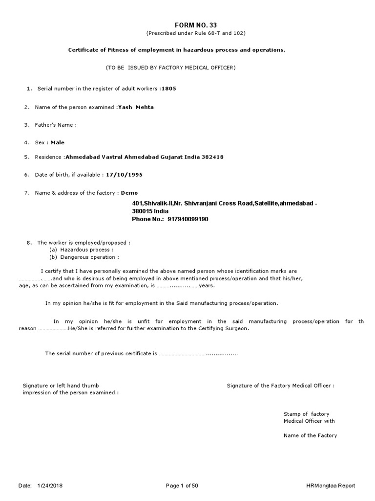 Form No. 33: Medical Fitness Certificate | PDF | Gujarat | Employment