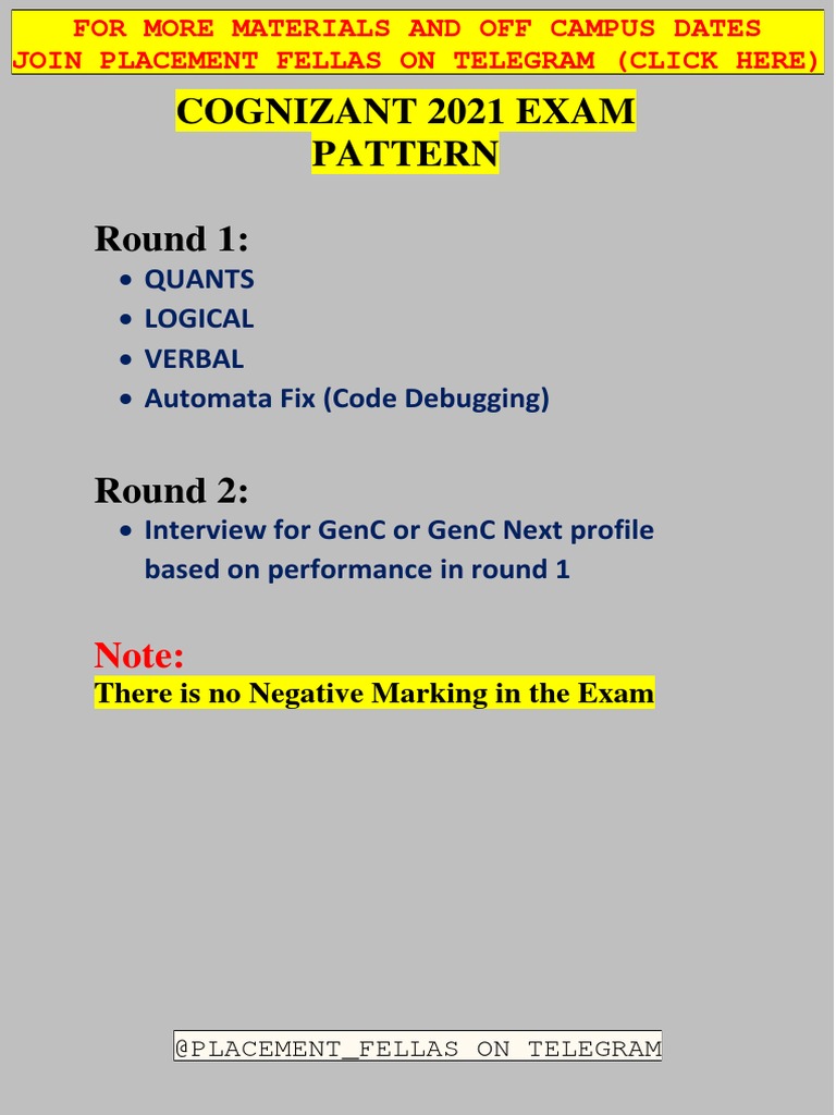 Cognizant 2021 Exam Pattern Round 1:: - Quants - Logical - Verbal - Automata Fix (Code Debugging ...