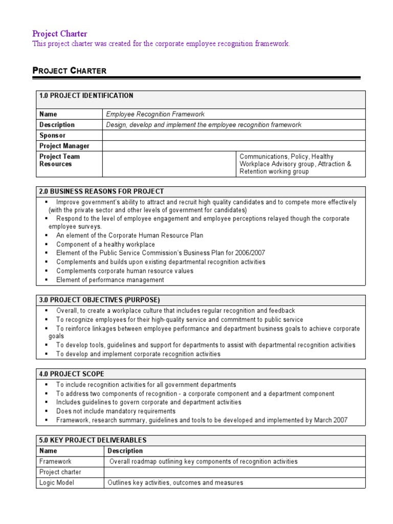 Employee Recognition Framework Project Charter | PDF | Employment ...