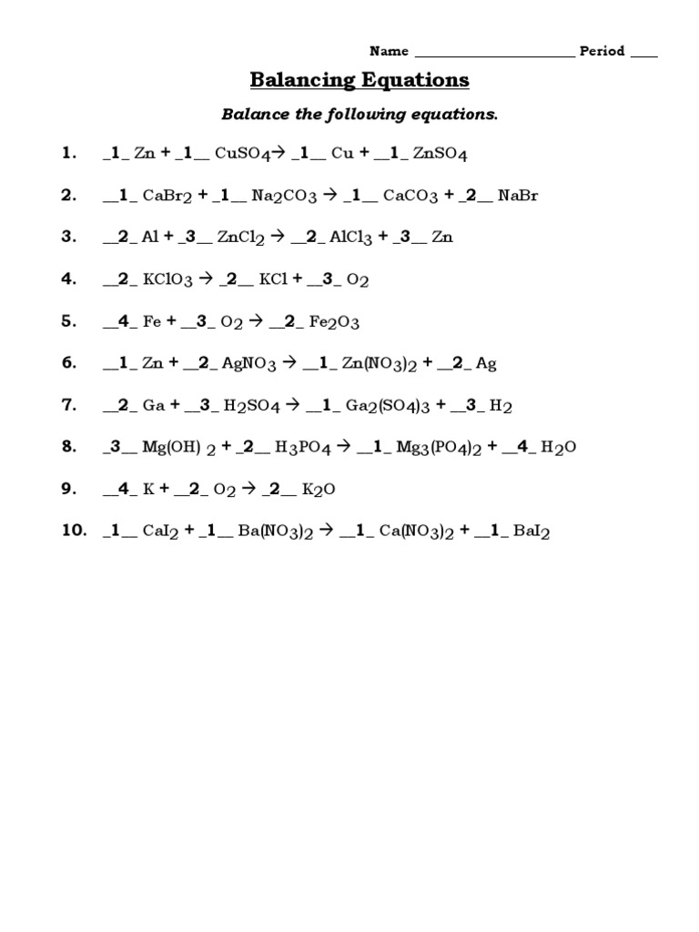 Balancing Equations Worksheet 1 | PDF | Métodos y materiales de enseñanza
