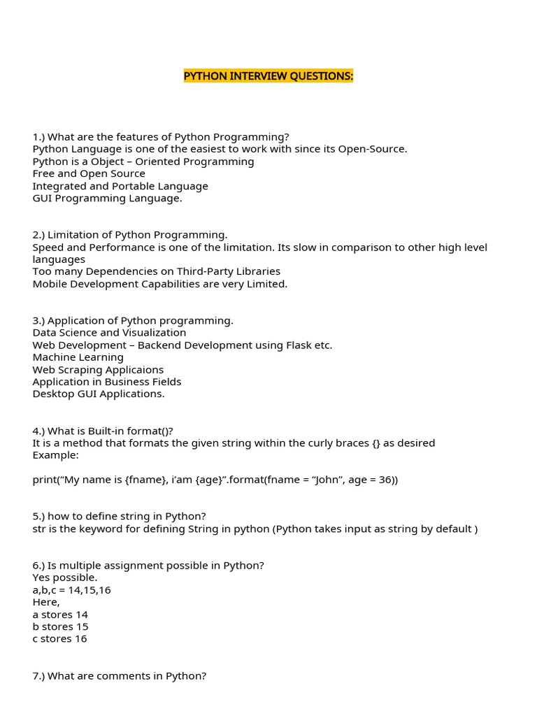 Python Interview Question Pdf Python Programming Language