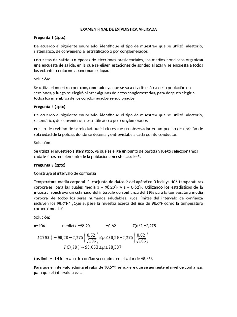 Examen Final de Estadistica Aplicada | PDF | Muestreo (Estadísticas) | Intervalo de confianza