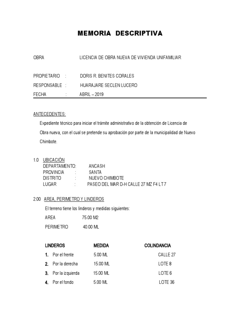 Memoria Descriptiva Licenciamiento de Obra Original | PDF | edificio | Materiales