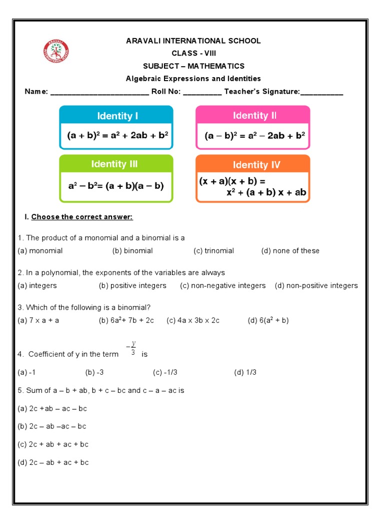 Class8 Algebraic Expressions and Identities WS | PDF | Polynomial ...