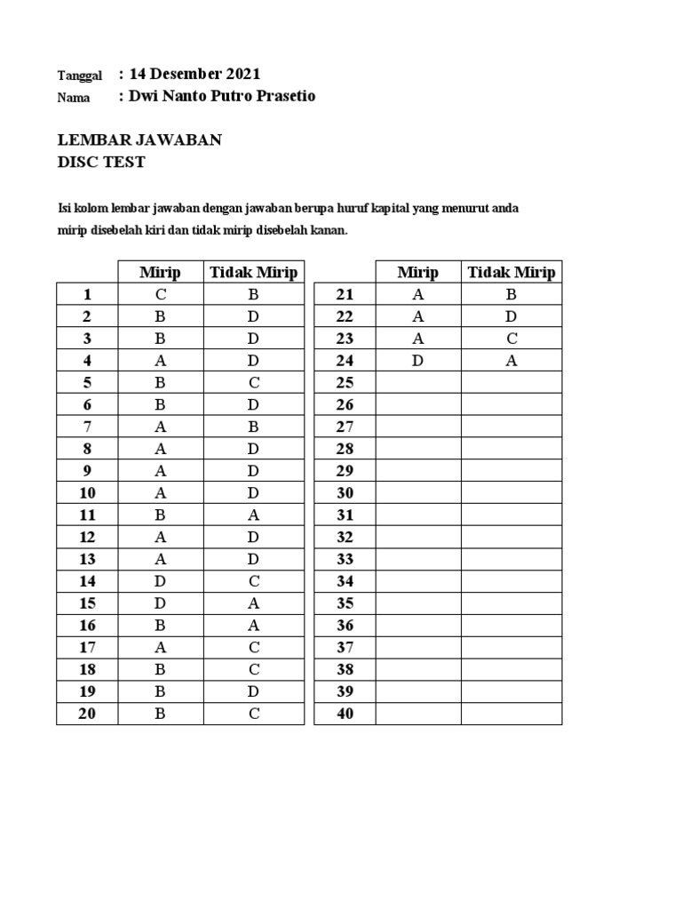 Lembar Jawaban Tes DISC Dwi Nanto | PDF