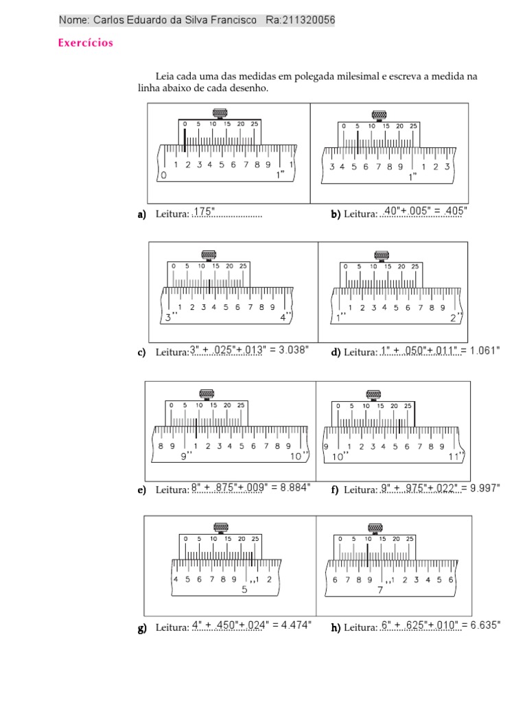 Exercícios - Metrologia - Aula 6 - Paquímetro - Sistema Inglês Carlos ...