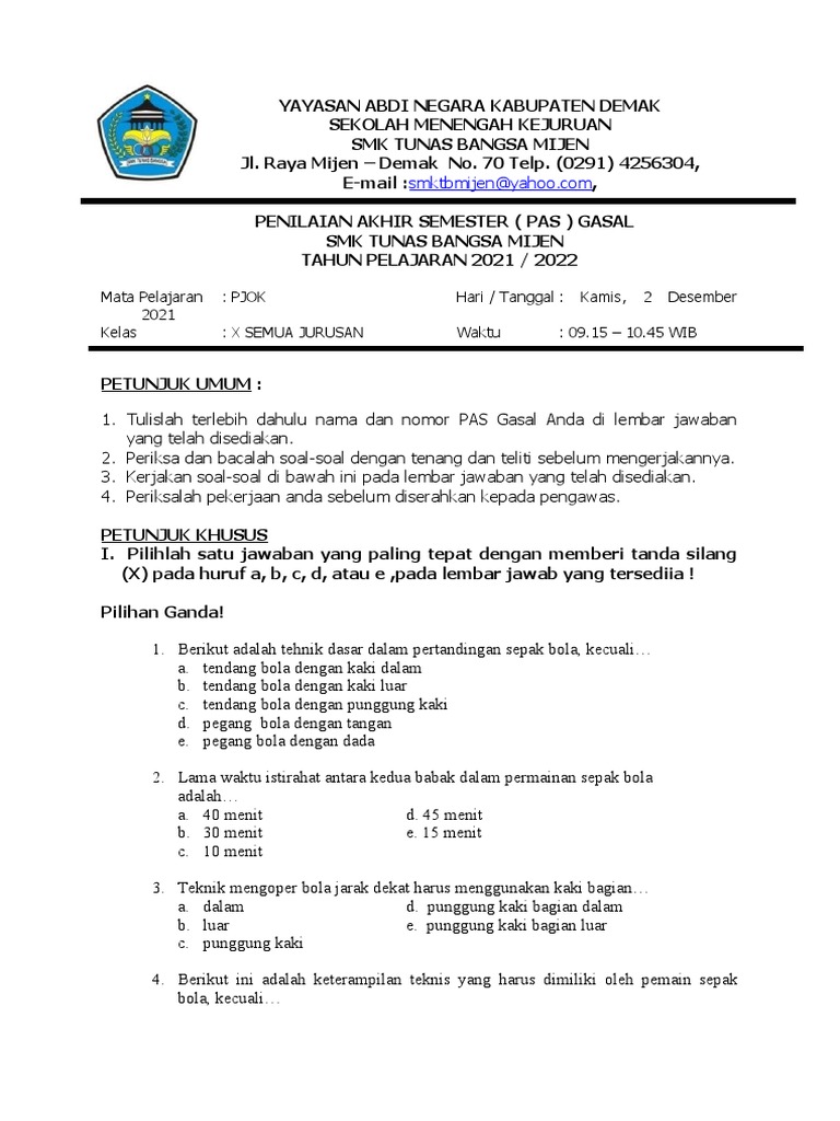 Soal Pas Pjok Kelas X | PDF