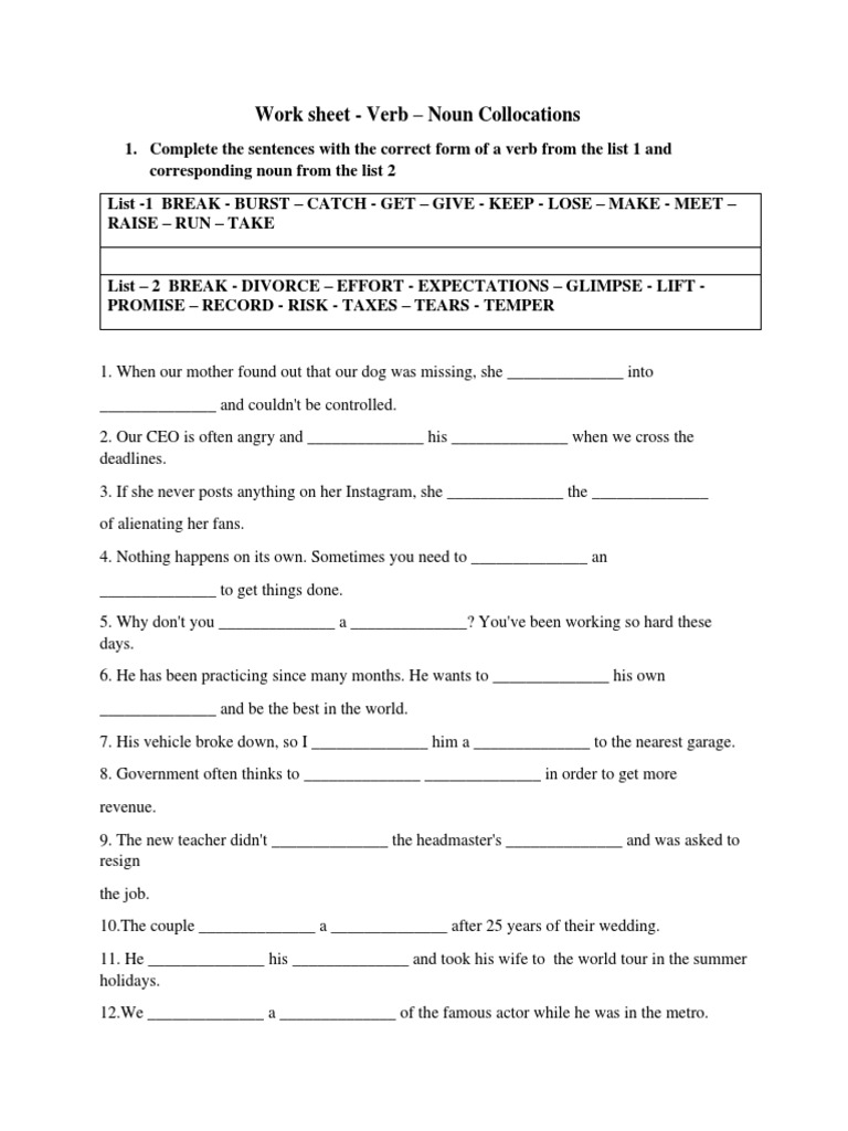 Work Sheet - Verb - Noun Collocations | PDF | Adjective | Linguistics