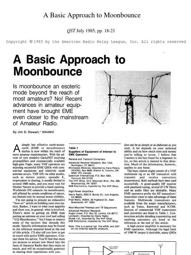 A Basic Approach To Moonbounce: QST July 1985, Pp. 18-21 | PDF