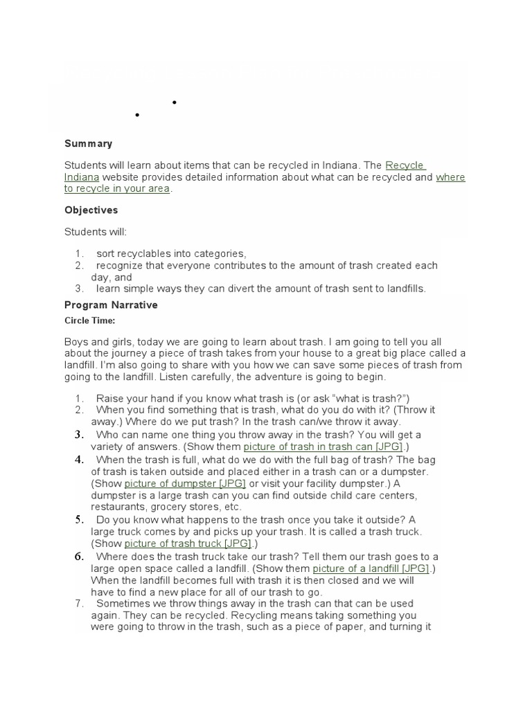 Recycling Lesson Plan For Preschoolers | PDF | Recycling | Waste