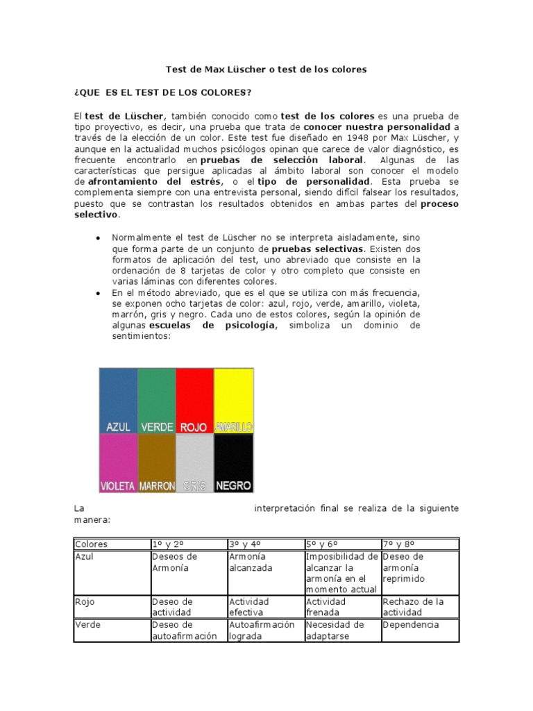 Test de Max Luscher o Test de Los Colore | PDF | Color | Cognición