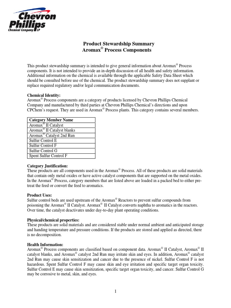 Aromax Process Components PSS Final | PDF | Toxicity | Catalysis