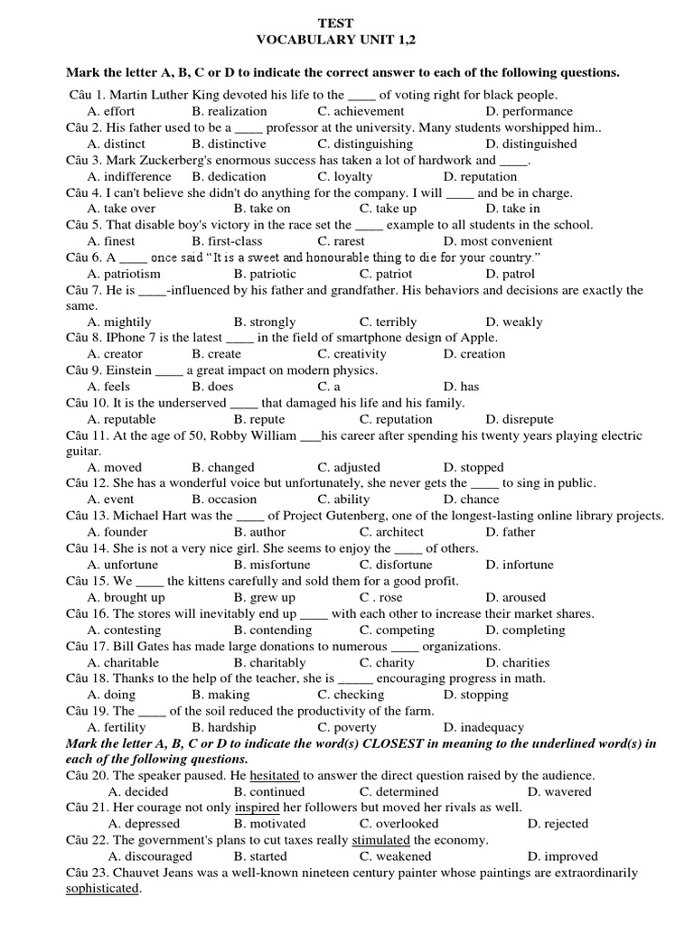 Vocabulary Unit 1-2 Test Answers | PDF