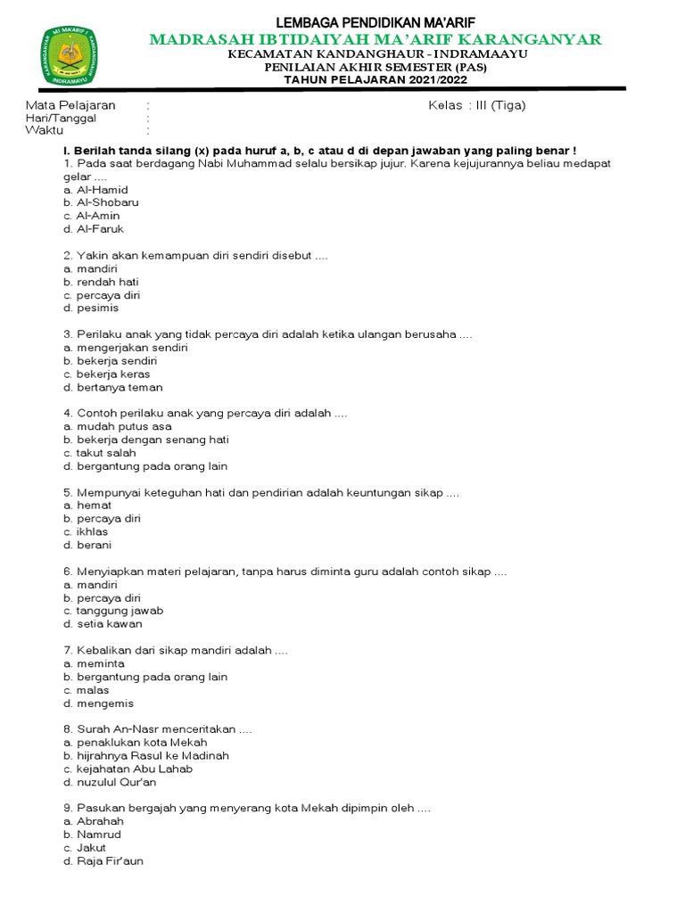 Soal PTS Pendidikan Agama Islam Kelas 3 Semester 1 2019 2020 | PDF | Agama & Spiritualitas
