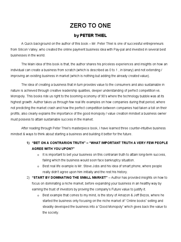 Zero To One - Book Report | PDF | Monopoly | Market (Economics)