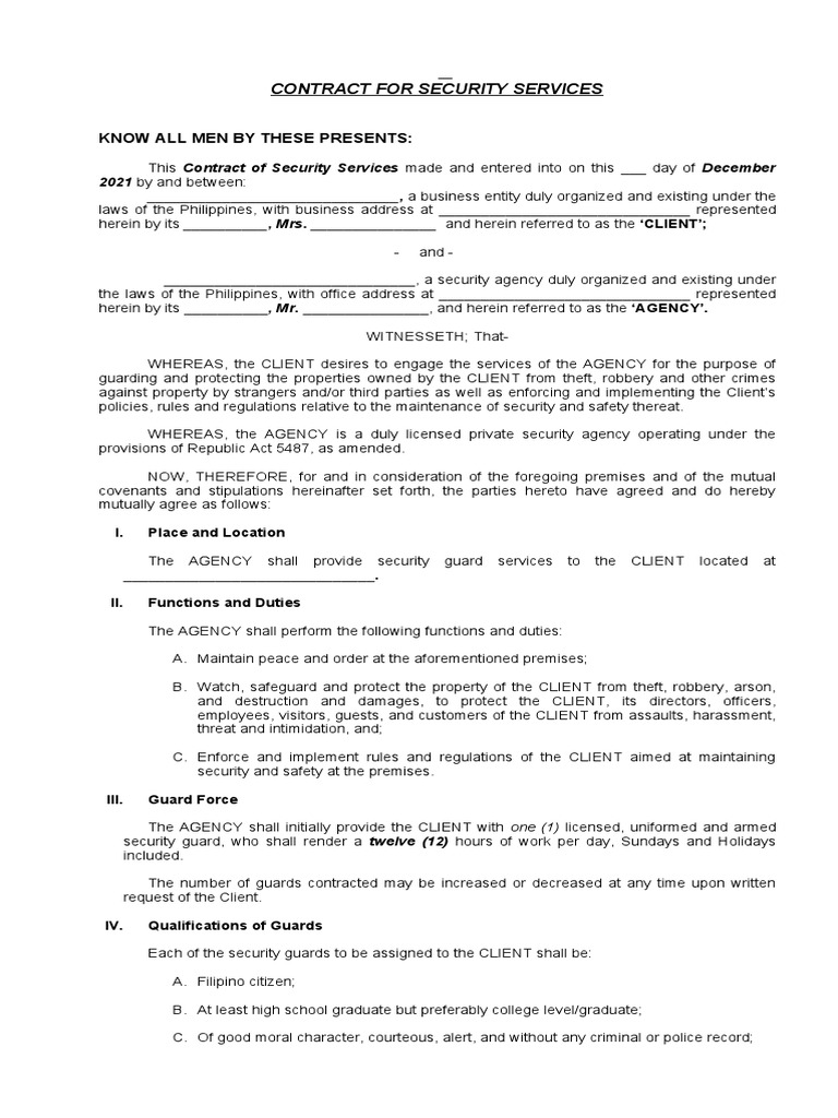 Security Services Contract Agreement | PDF | Security Guard | Legal ...