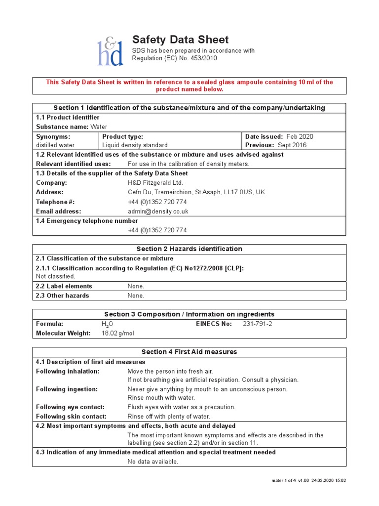 SDS Water 2016 PDF | PDF | Personal Protective Equipment | Toxicity