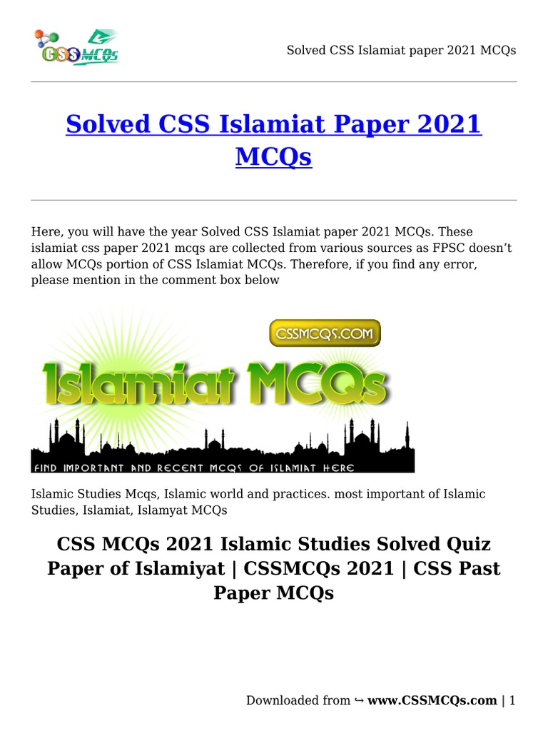 Solved CSS Islamiat Paper 2021 MCQs | PDF | Multiple Choice | Muhammad