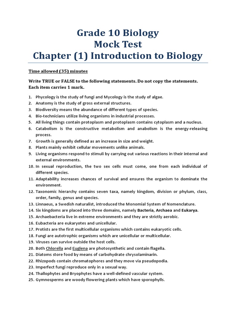 Grade 10 Biology Mock Test Chapter (1) Introduction To Biology | PDF ...