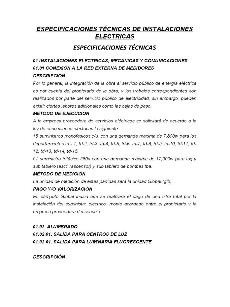 Especificaciones Técnicas de Instalaciones Electricas | PDF | Presupuesto | Aislador (Electricidad)