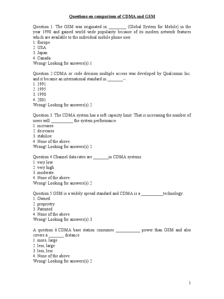 CDMA vs GSM: Key Differences Quiz | PDF | Gsm | Computing