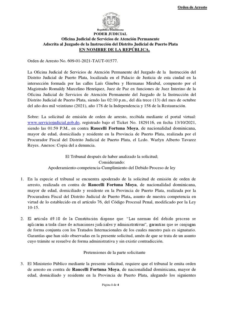 Orden de Arresto No. 609-01-2021-TAUT-01577. Raucelli Fortuna Moya | PDF | Violación | República ...