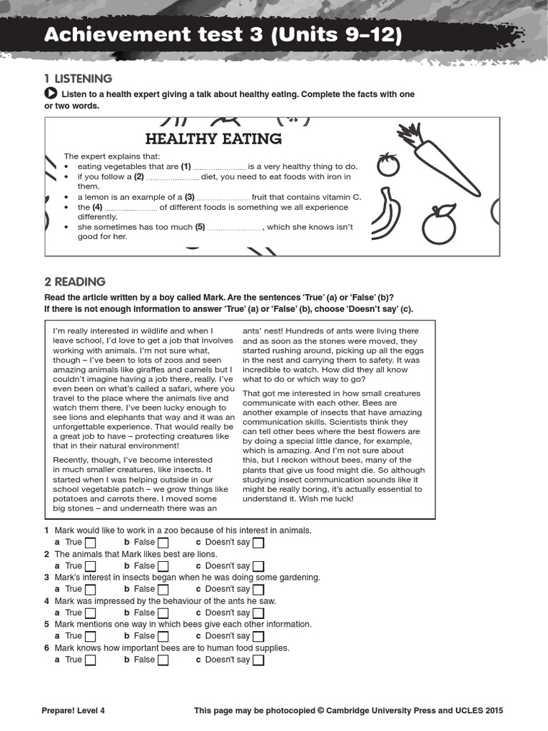 Prepare Level 4 Achievement Test 3 U9-12 | PDF | Foods | Insects