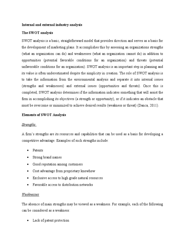 Internal and External Industry Analysis - SWOT | PDF | Swot Analysis ...