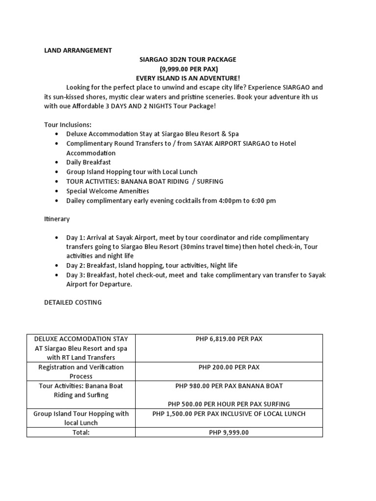 Land Arrangement Siargao 3D2N Tour Package (9,999.00 PER PAX) Every ...