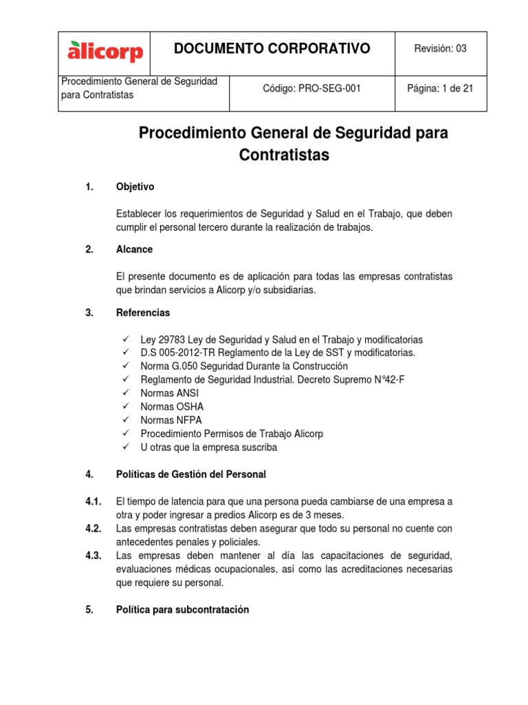 PRO-SEG-001 Procedimiento de Seguridad para Contratistas REV 3 | PDF | Andamio | Residuos