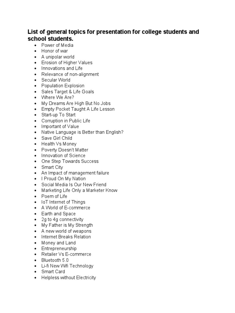 List Of General Topics For Presentation For College Students And School