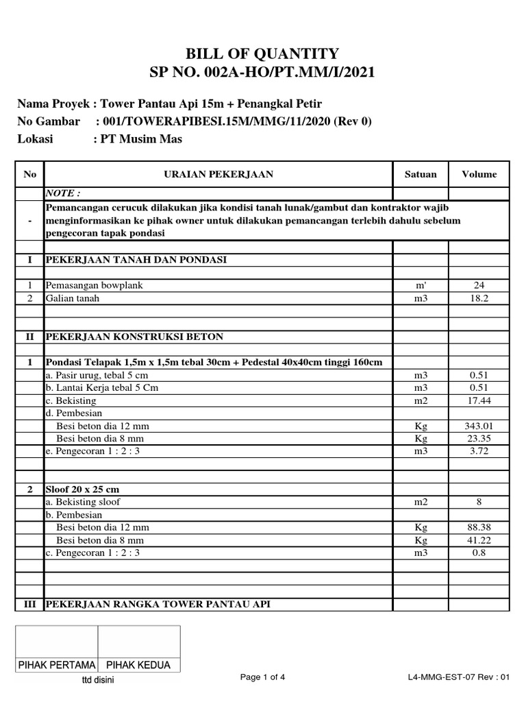 BOQ - Tower Pantau API 15m + Penangkal Petir (PT MM) - CV Hari Mas | PDF