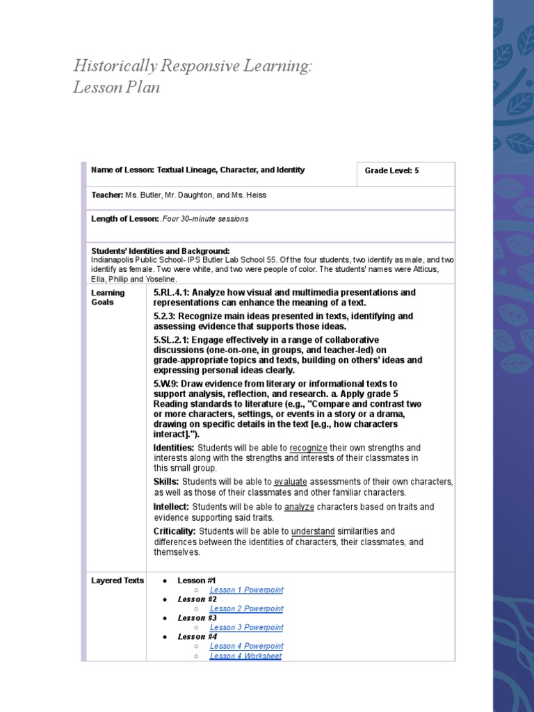 Historically Responsive Learning: Lesson Plan | PDF | Lesson Plan ...